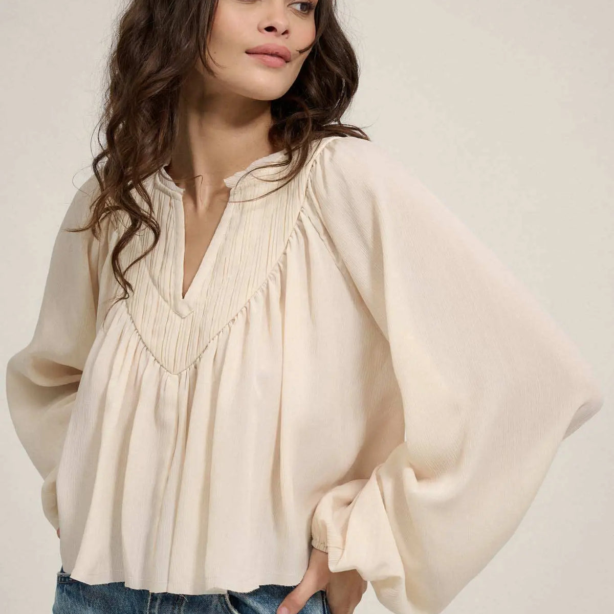 Wonderful Life Pleated Crepe Babydoll Peasant Top