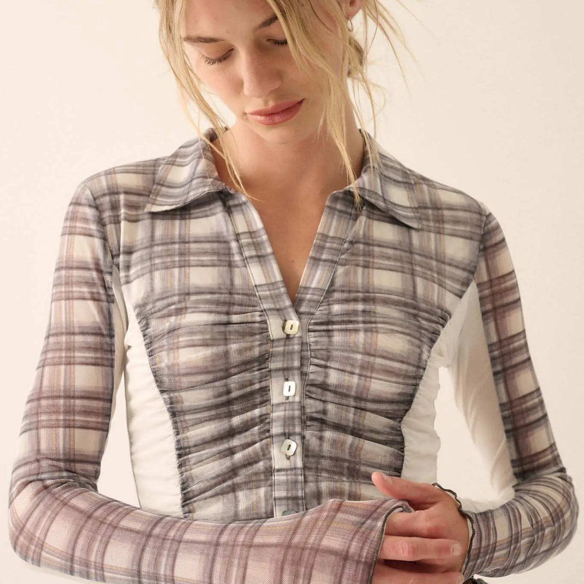 Plaid Behavior Ruched Mesh Cropped Button-Up Shirt