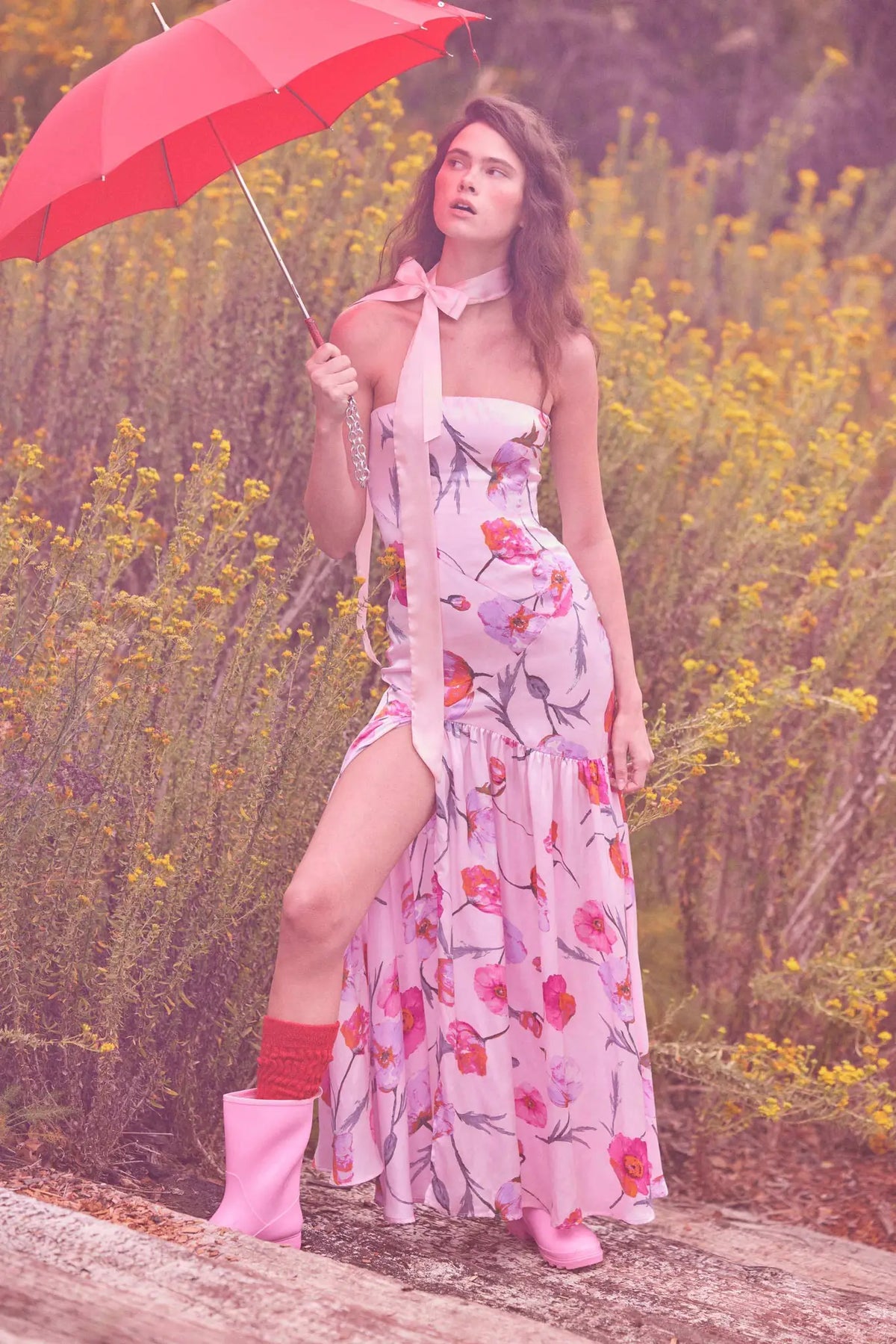 Eternal Spring Floral Satin Strapless Maxi Dress