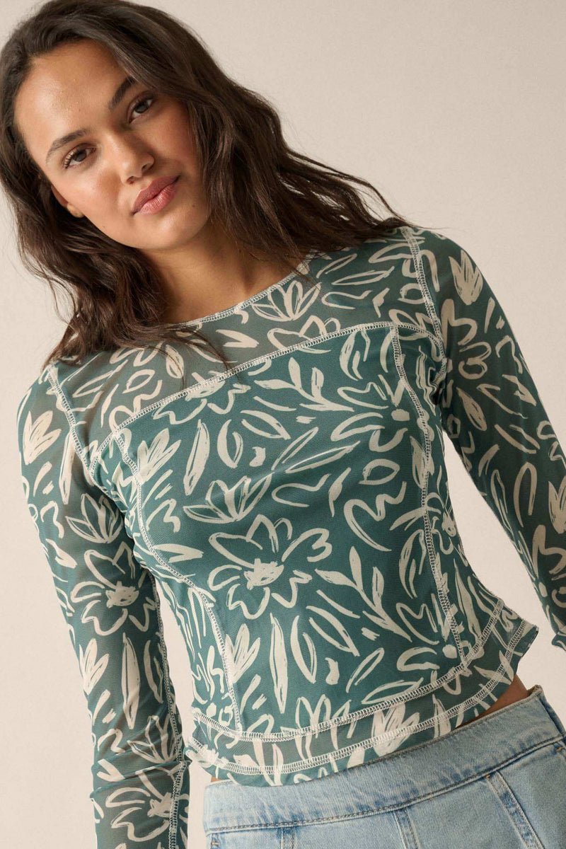 Modern Blossoms Floral-Print Mesh Exposed-Seam Top